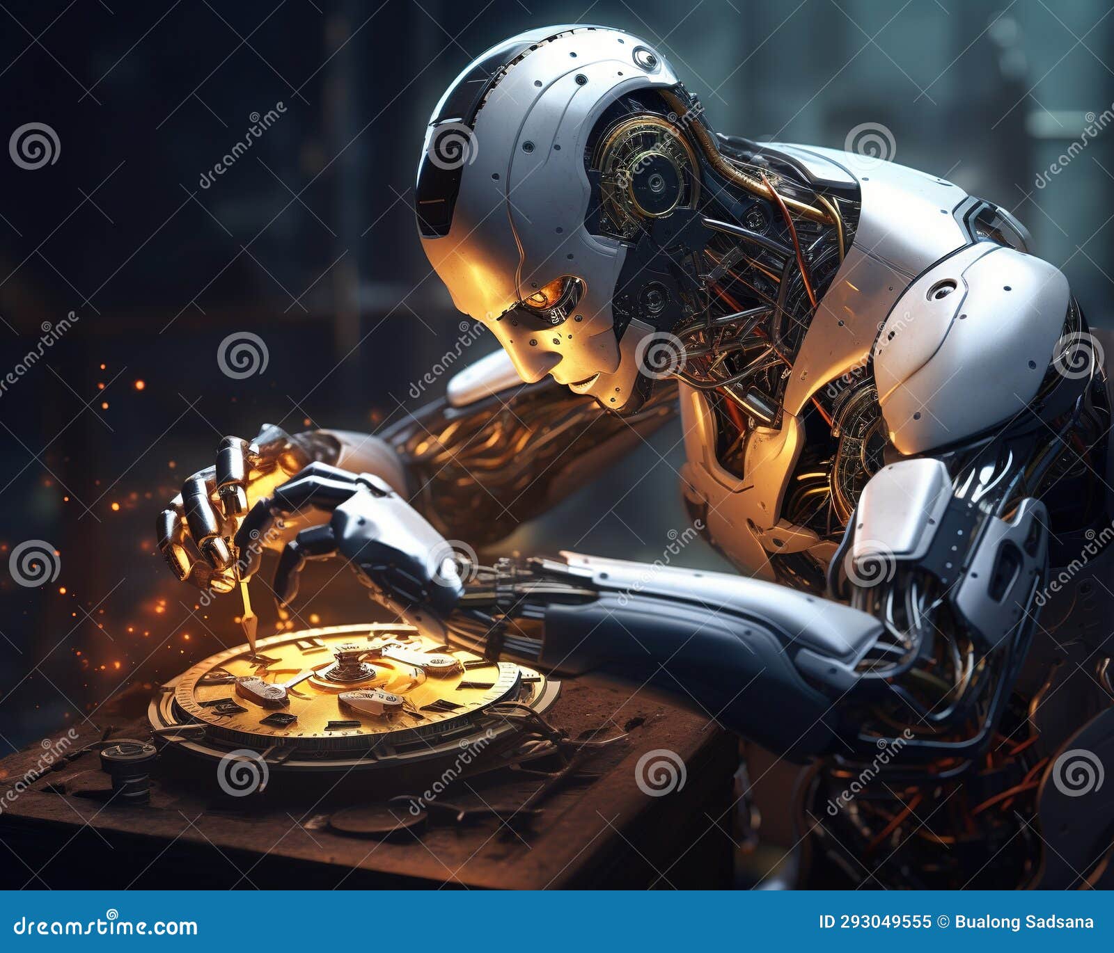 Robot is repring a clock. stock illustration. Illustration of science ...