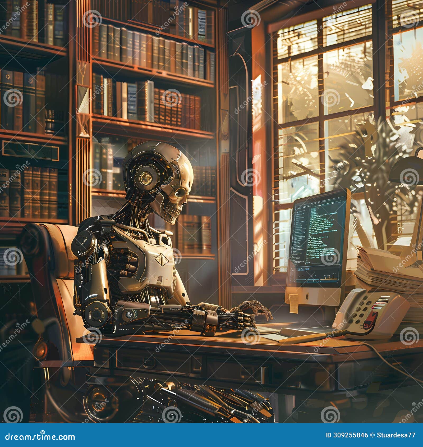 Robot Researching in Classical Library AI Generative Stock Photo ...