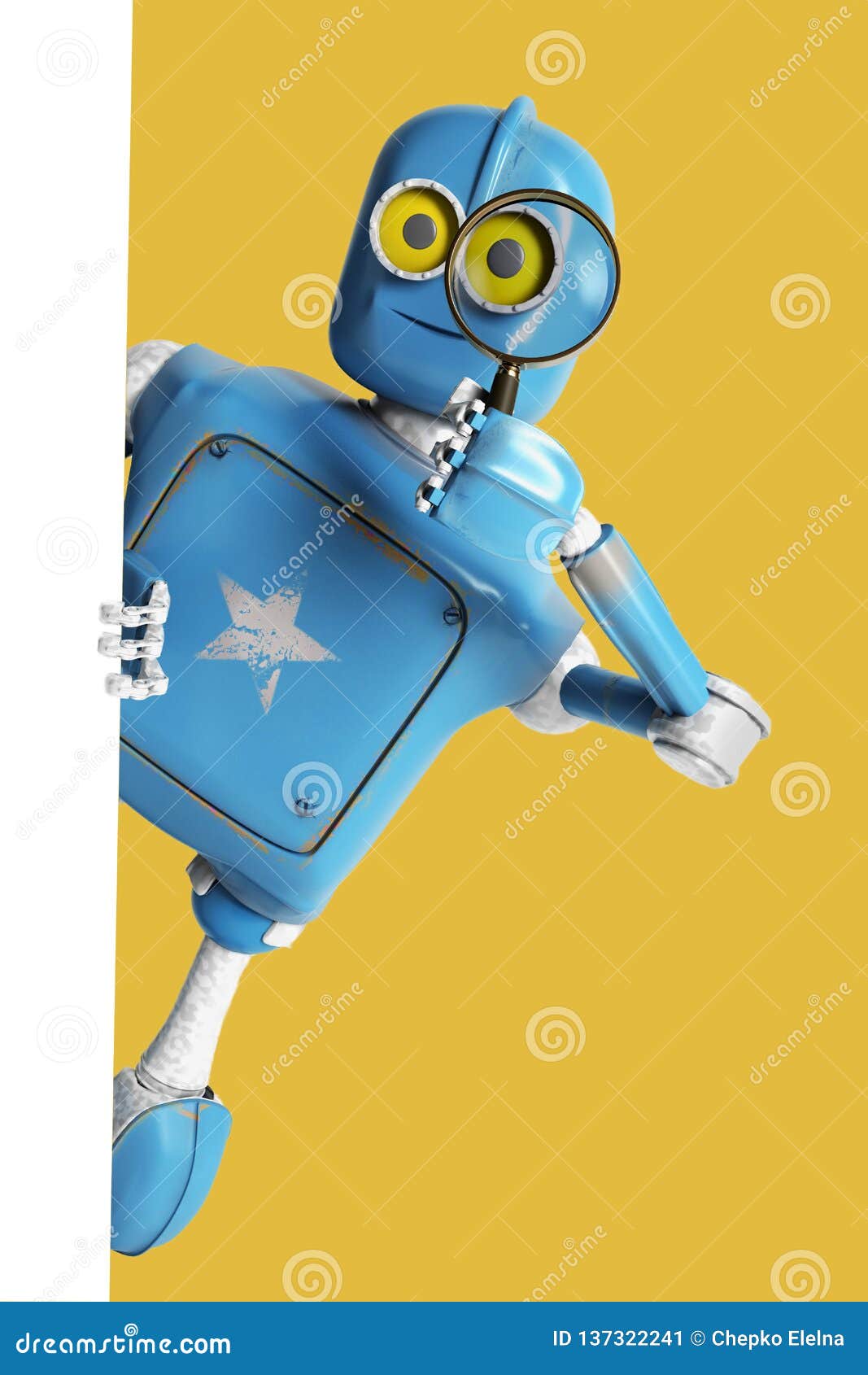 Robot Retro Looking through a Magnifying Glass. Vintage Cyborg Stock ...