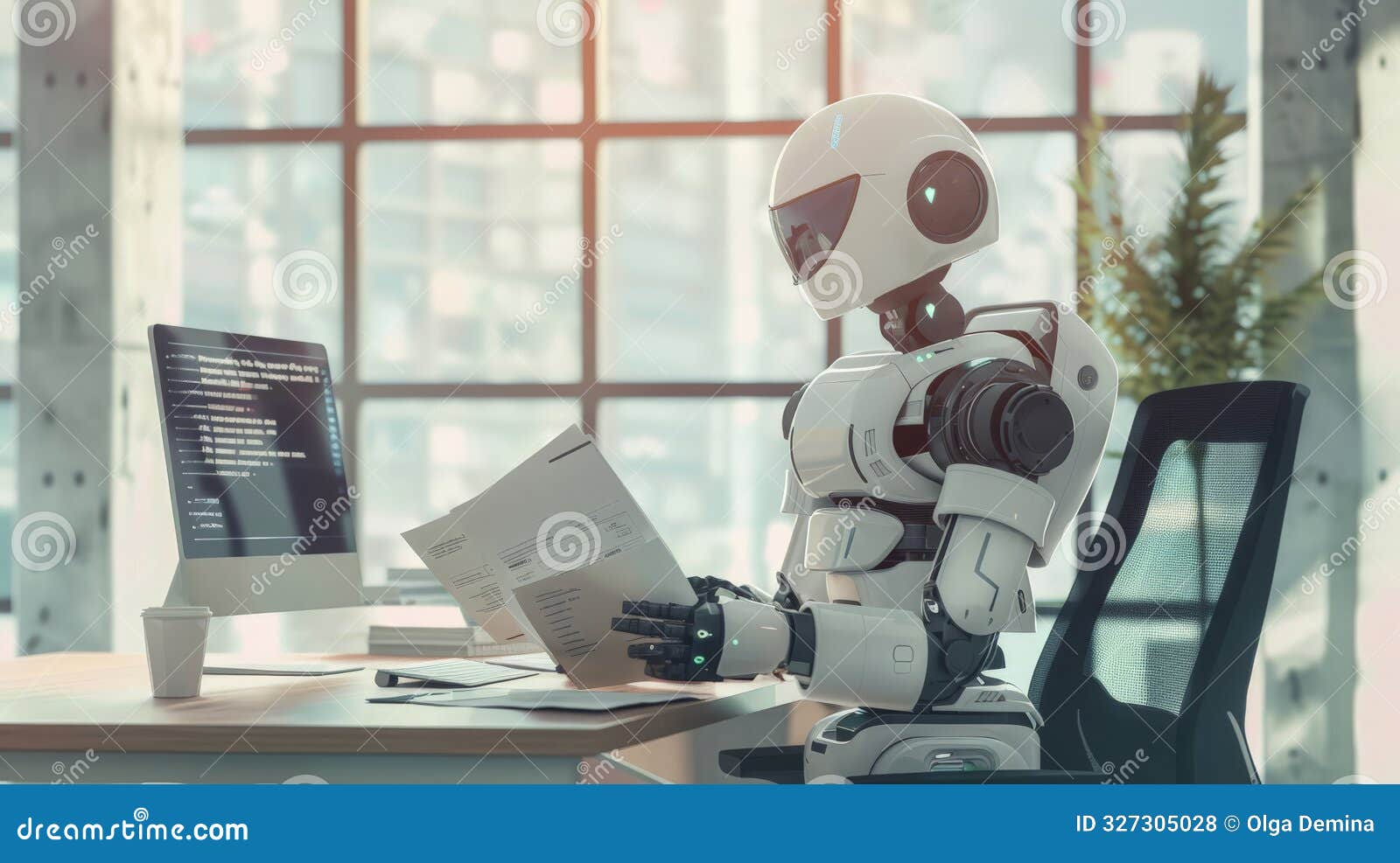 Robot Reviewing Documents in a Modern Office Setting with Cityscape ...