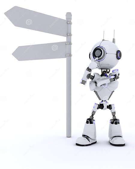 Robot with road sign stock illustration. Illustration of chrome - 59955347