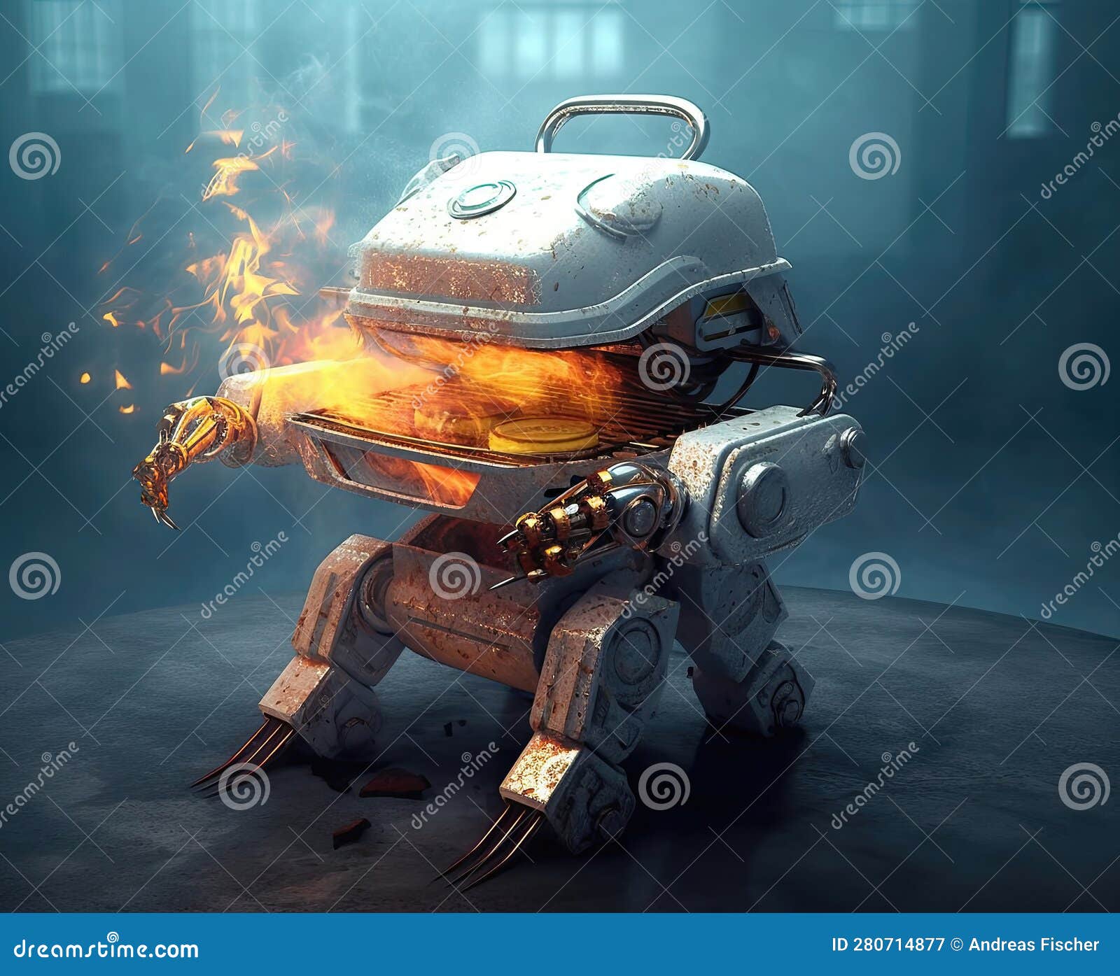 The Robot Roasts Meat on Coals. Cooking Meat on the Grill Stock ...