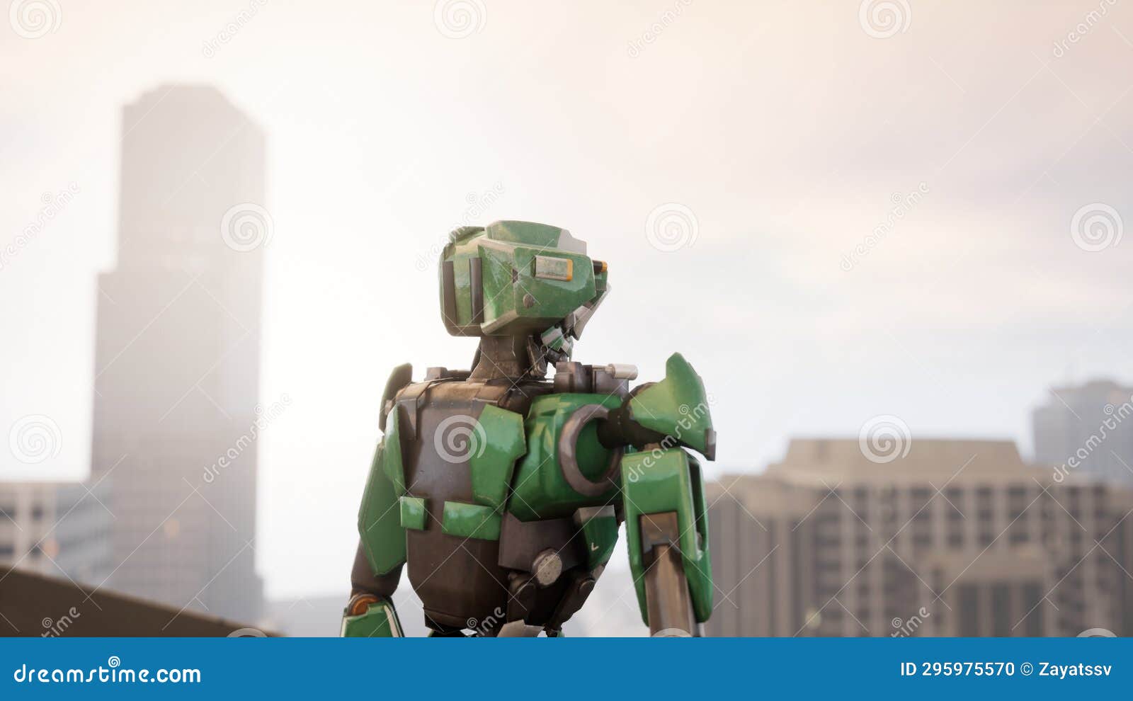 Robot on the Roof of a Skyscraper Looking at the Metropolis. 3d Render ...