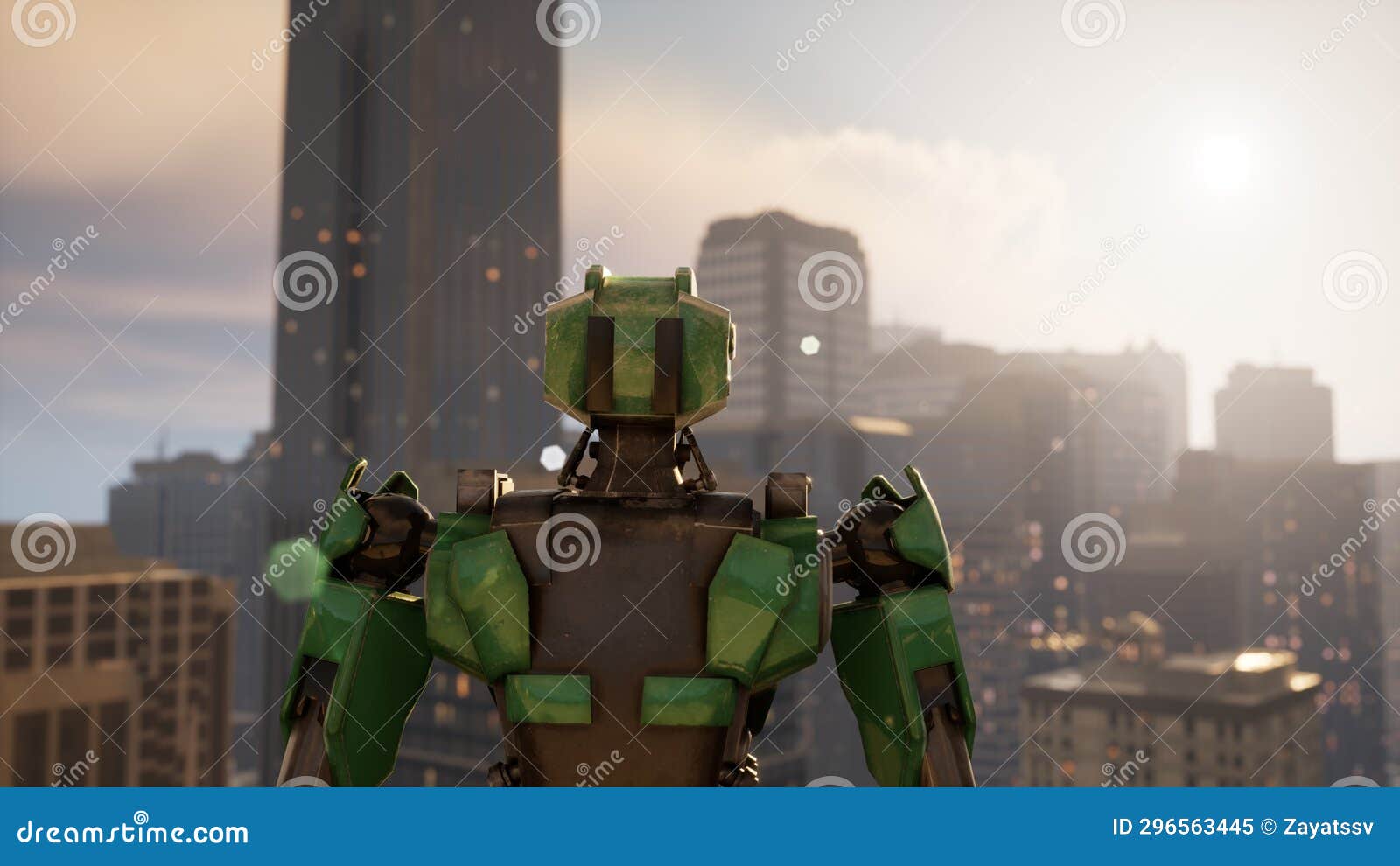 Robot on the Roof of a Skyscraper Looking at the Metropolis. 3d Render ...