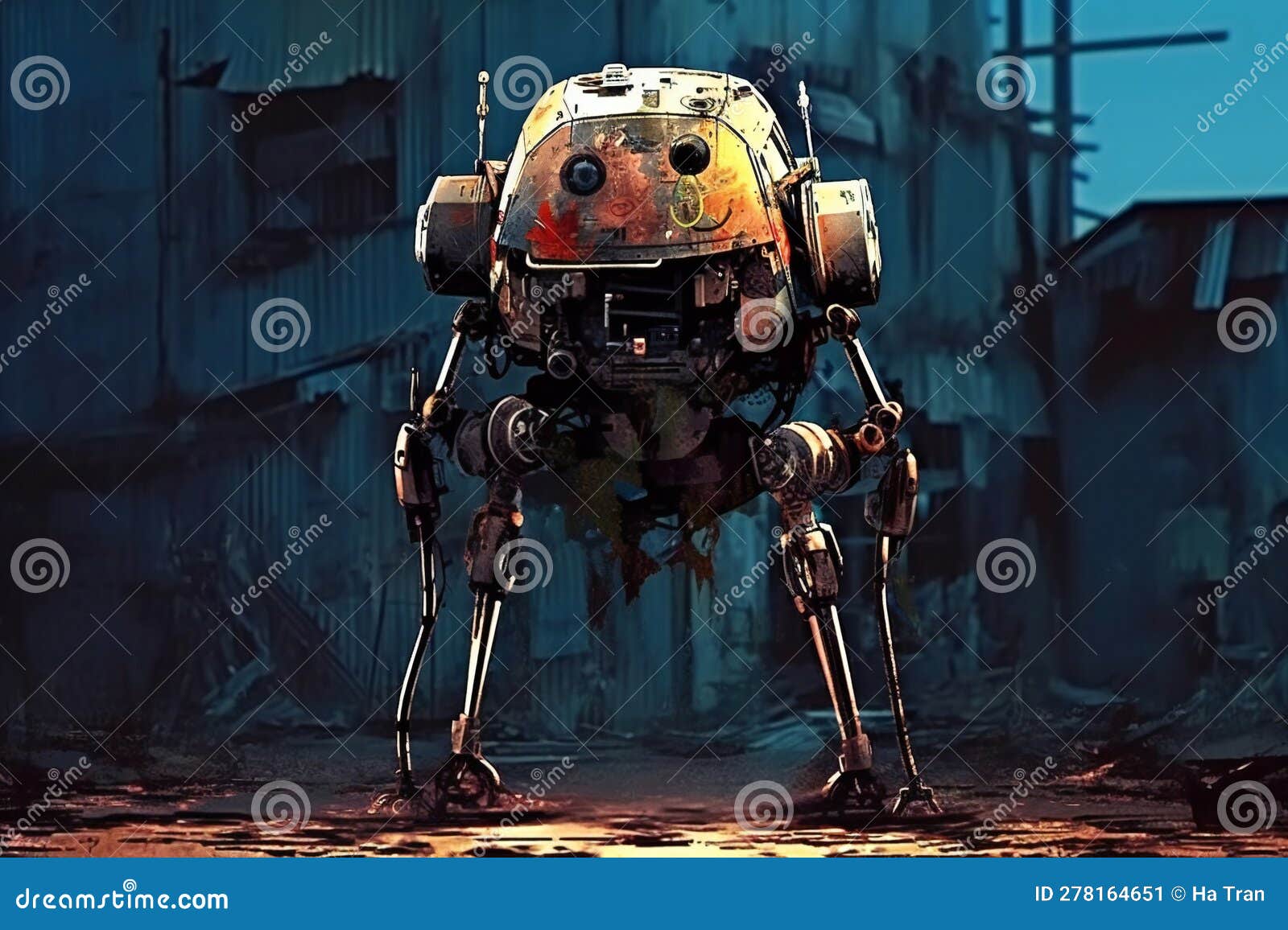 A Robot in the Ruins of an Old Factory Stock Illustration ...
