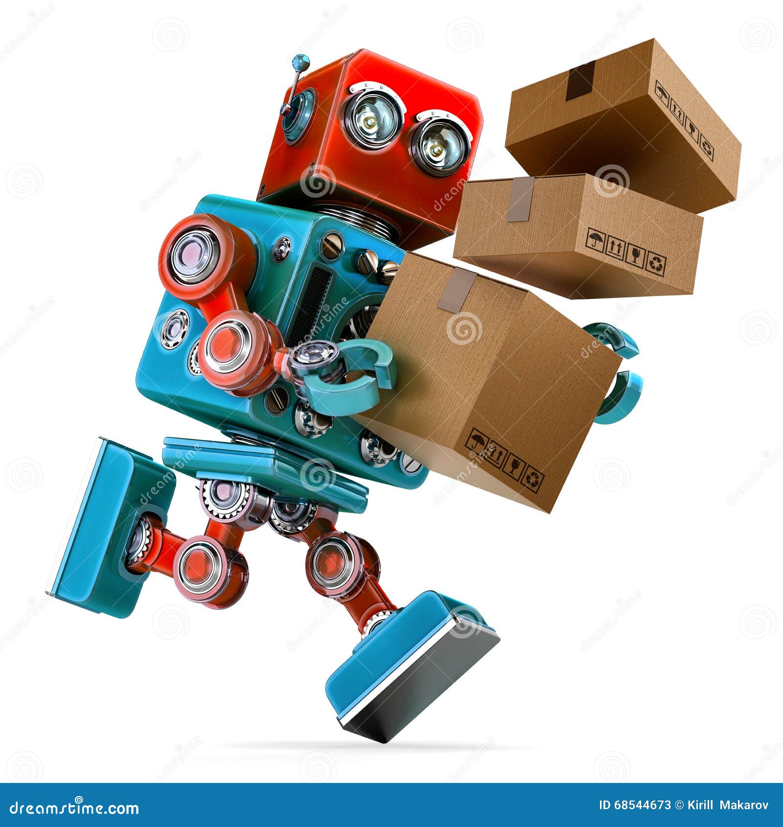 Robot in a Rush Delivering a Package. Parcel Service. . Contains ...