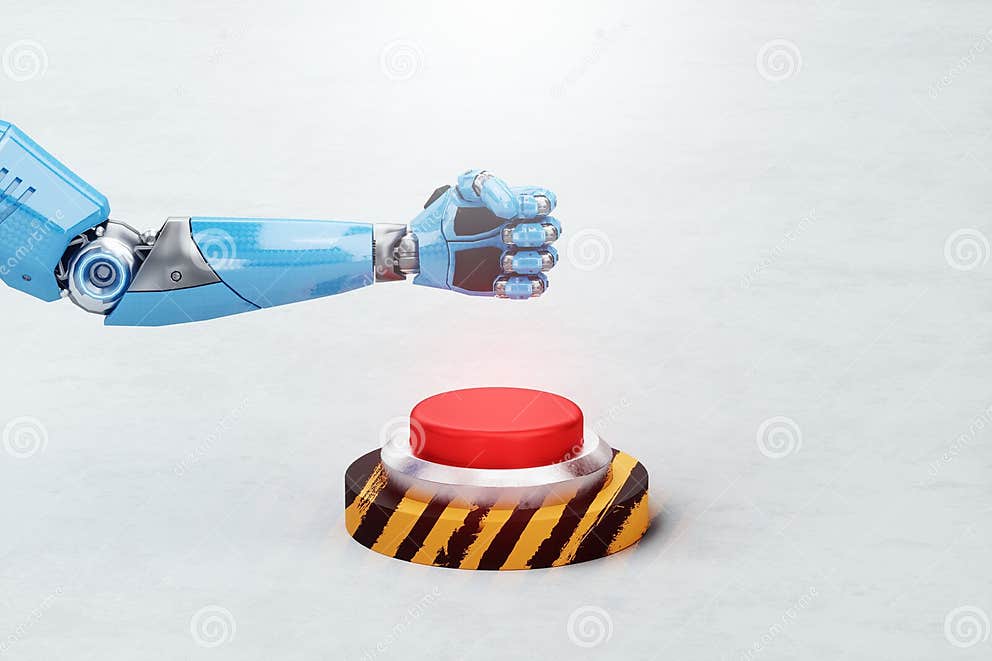 A Robot S Hand Presses a Red Button, Close-up, Light Background ...