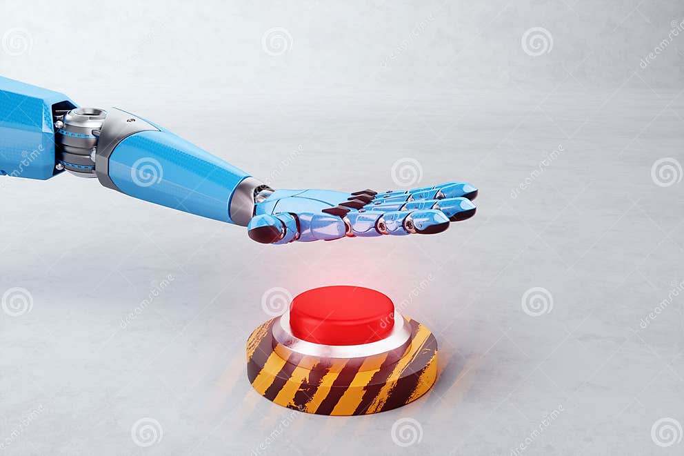 A Robot S Hand Presses a Red Button, Close-up, Light Background ...