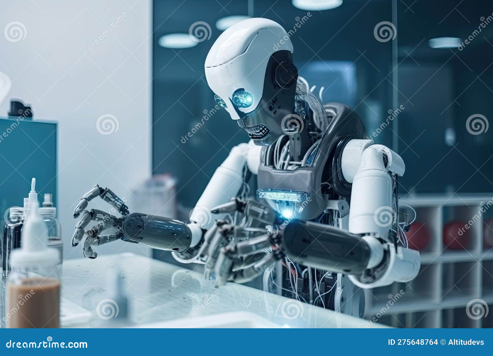 Robot Scientist Holding DNA Spiral Robotic Researcher Making Experiment ...