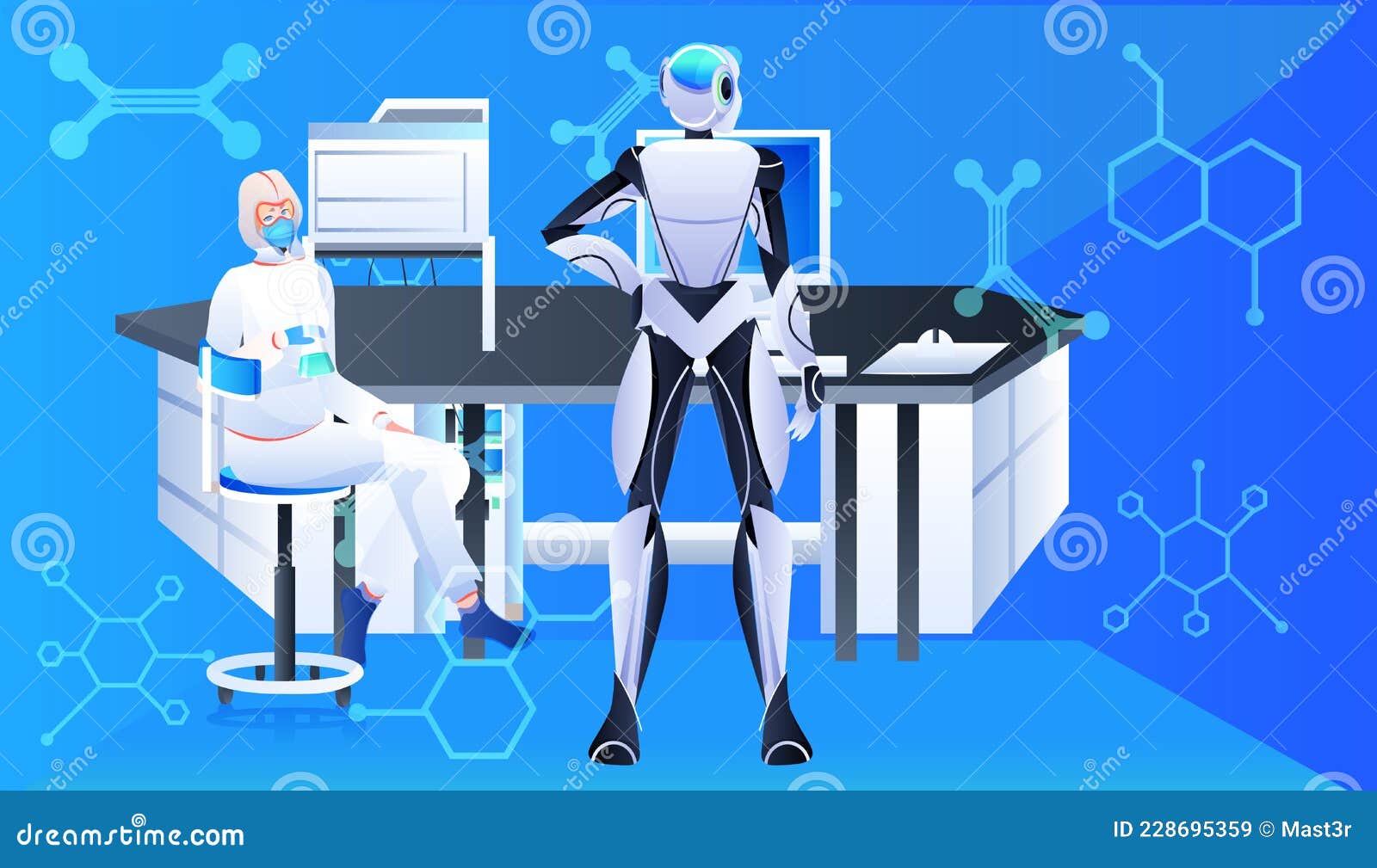 Robot with Scientist in Protective Suit Making Experiments in Lab ...
