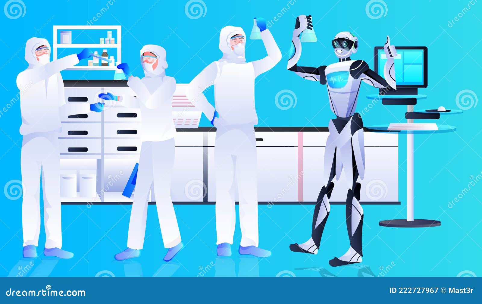 Robot with Scientists in Protective Suits Making Experiments in Lab ...