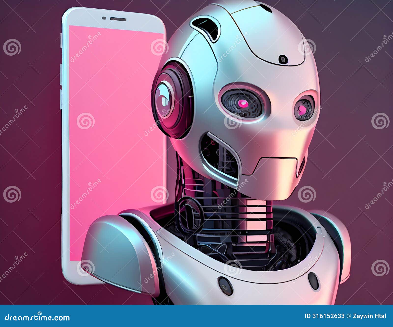 Robot beside the Screen of Smartphone. Concept of Chatbot with ...