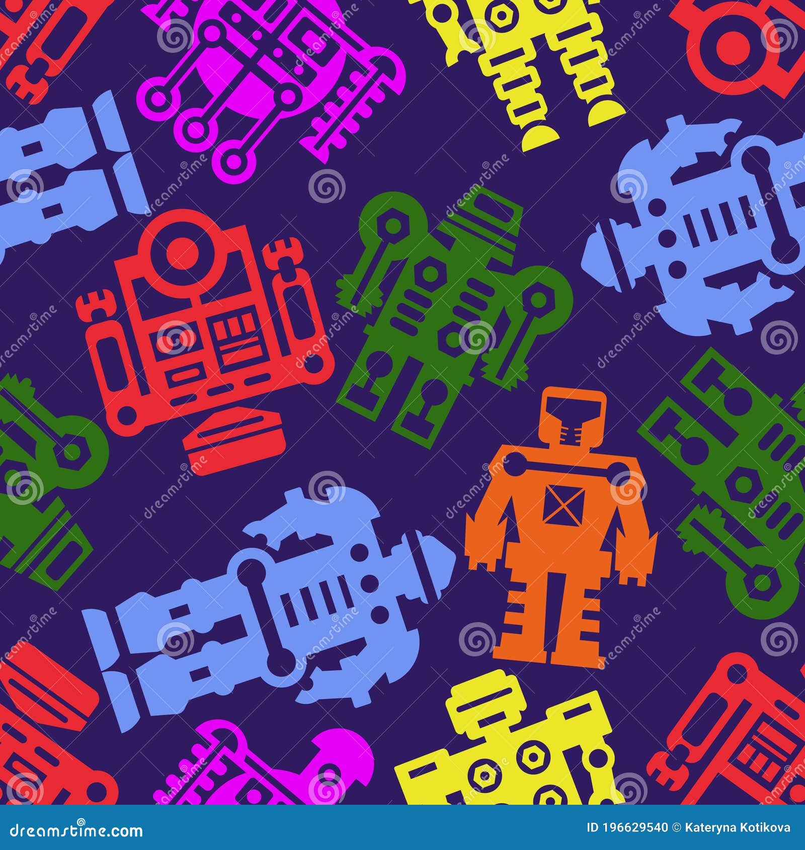 Robot Seamless Texture On Dark Background. Cartoon Vector ...