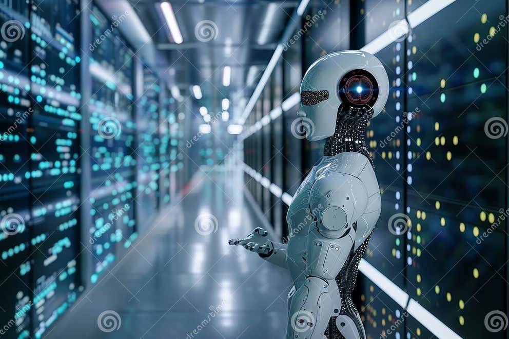 A Robot is Seen Standing Amidst the Servers in a Busy Data Center, Exploring the Role of ...