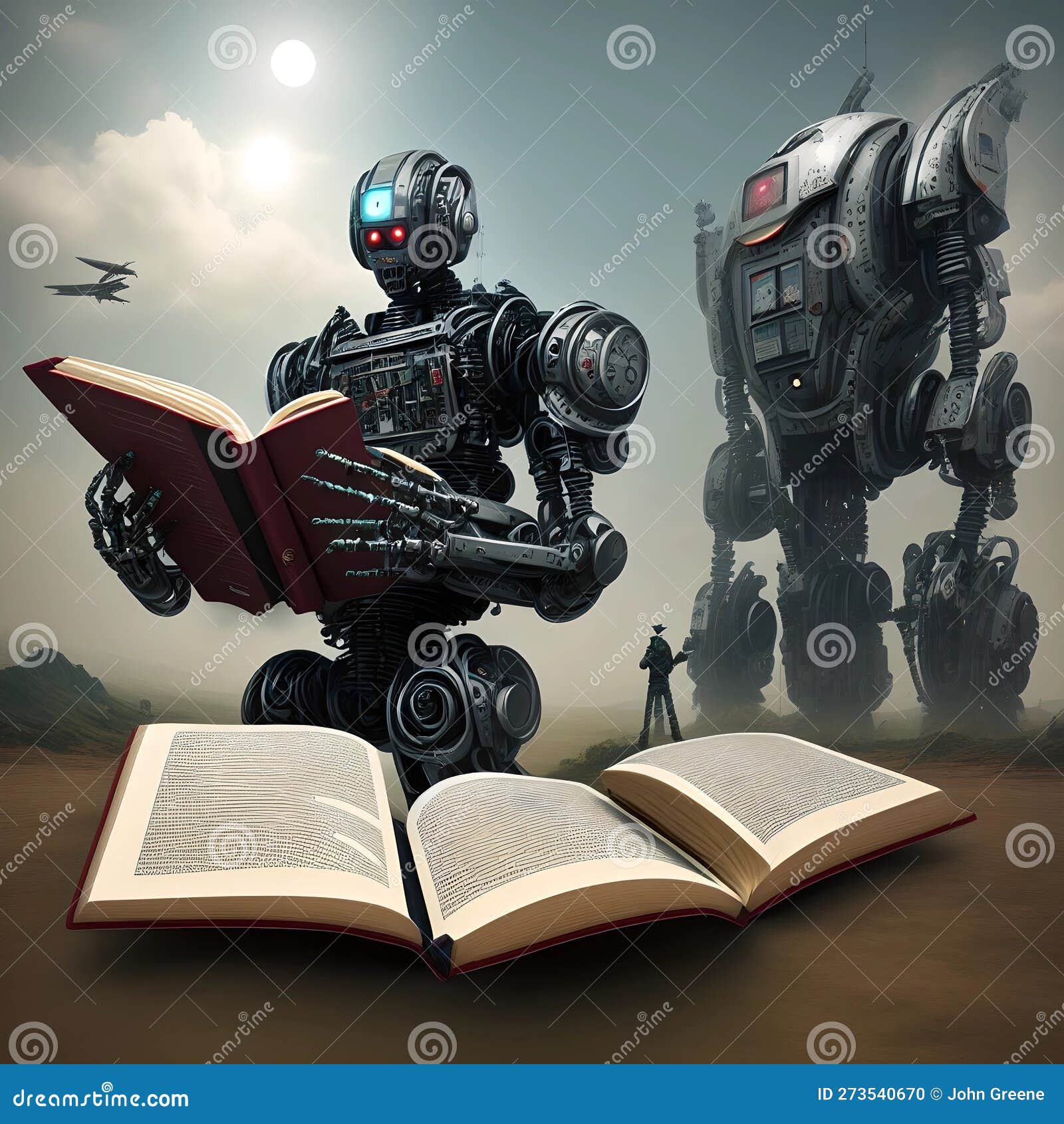 A Portrait of a Robot Reading Large Books, Learning Concept, Generated by AI. Stock Illustration ...