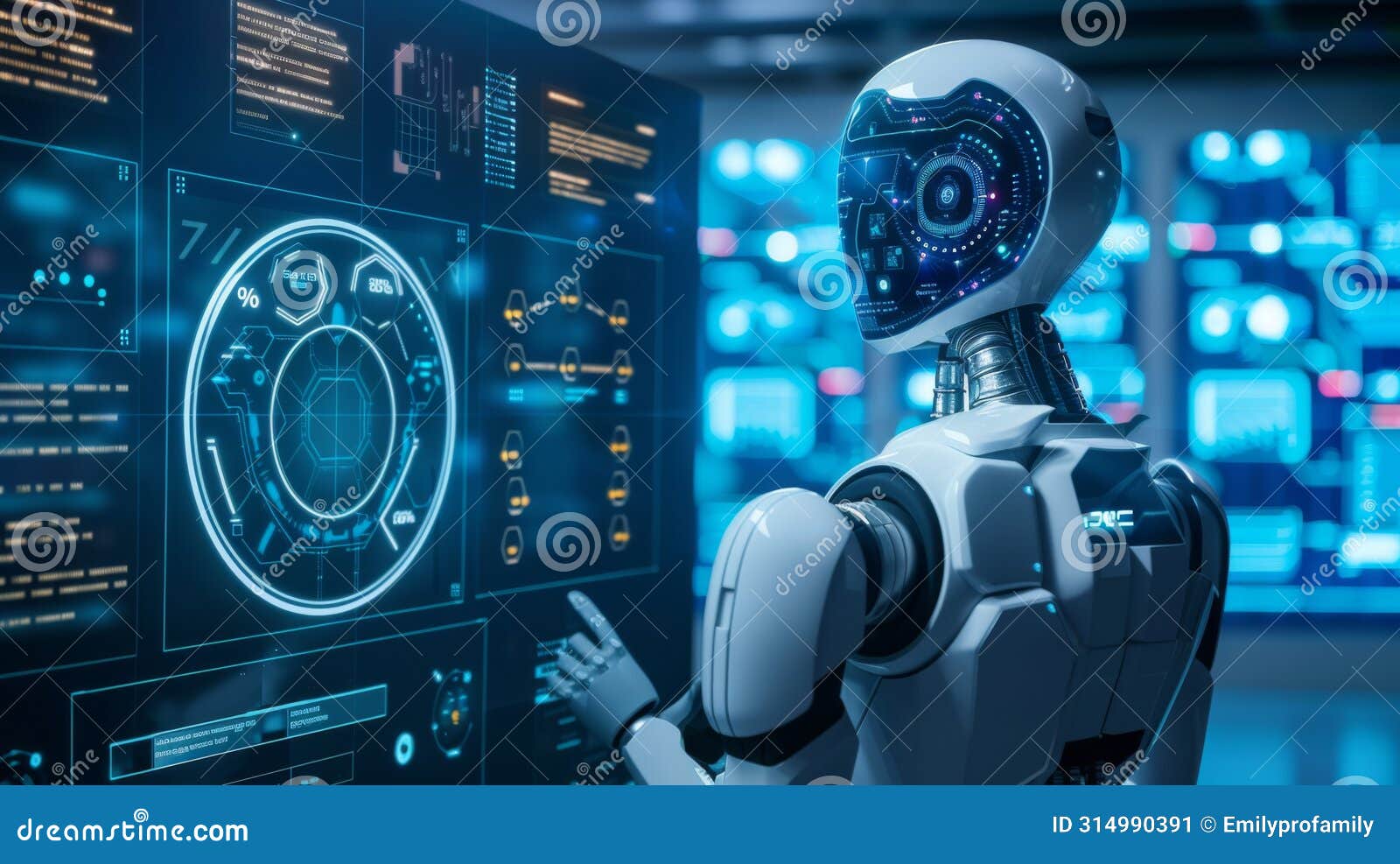 Robot Analyzing Data on Computer Screen Stock Image - Image of ...