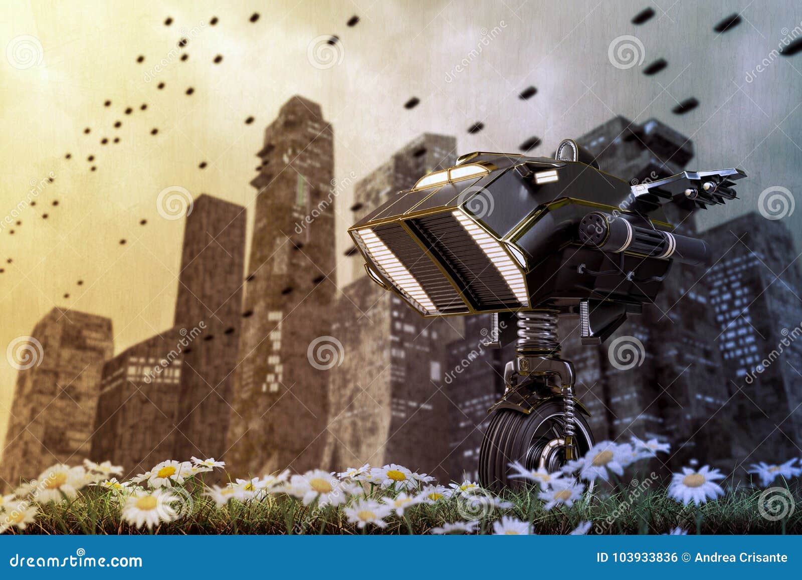 Robot Sentinel on a Green Field Stock Illustration - Illustration of ...