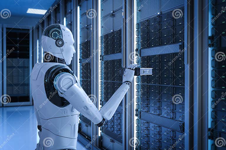 Robot in server room stock illustration. Illustration of hosting ...
