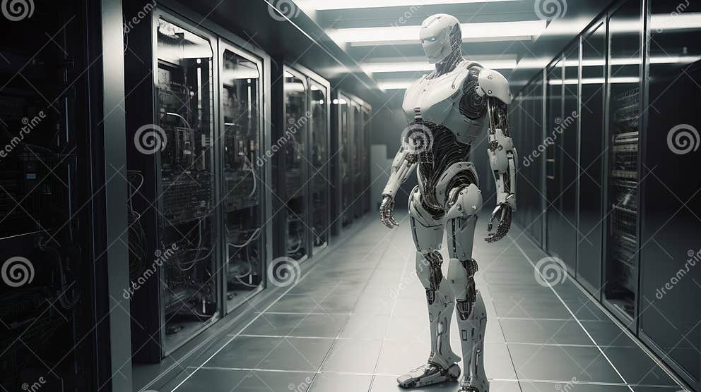 Robot in Server Room. Generative Ai Stock Image - Image of futuristic ...