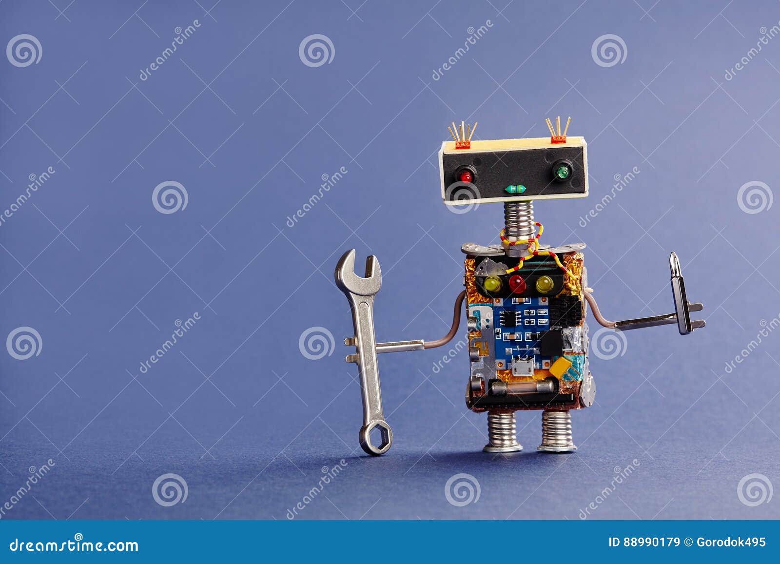 Robot Serviceman With Hand Wrench And Screwdriver On Blue Background ... Robot Serviceman With Hand Wrench And Screwdriver On Blue Background ...