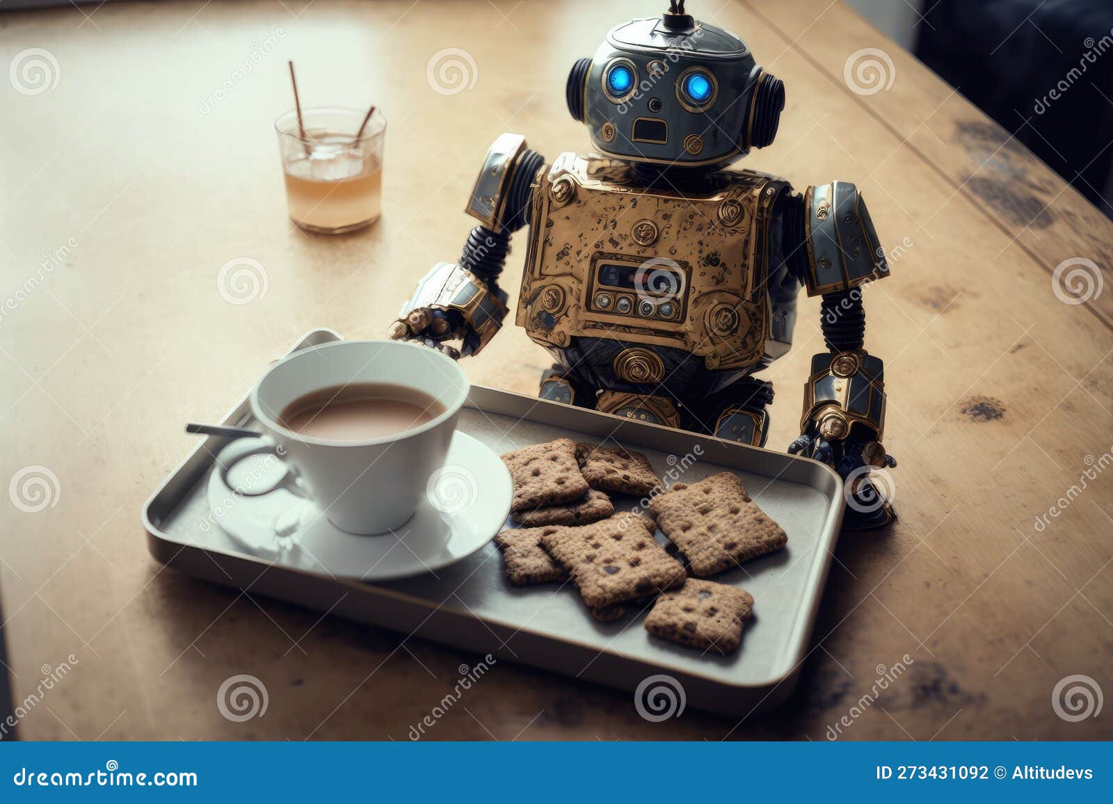 Robot Serving Tray with Cup of Tea and Biscuit for Elderly Person Stock ...