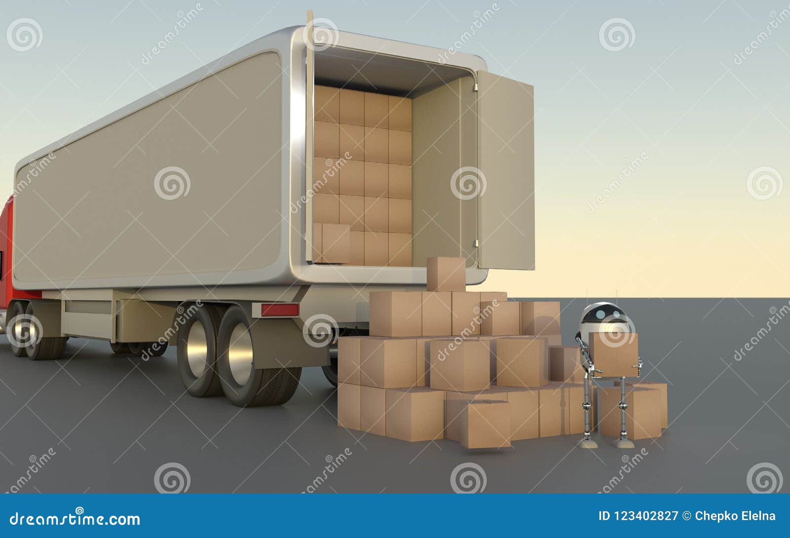 Robot with Shipping Boxes Load in Truck Render 3d Stock Illustration ...