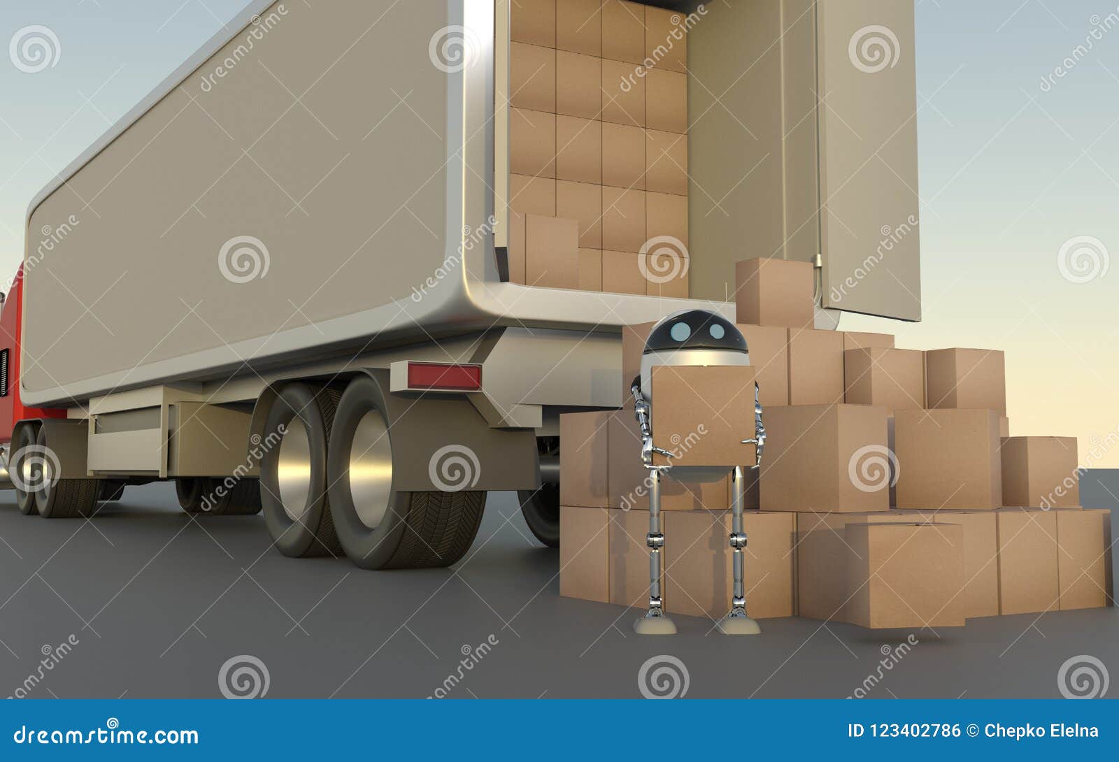 Robot with Shipping Boxes Load in Truck Render 3d Stock Illustration ...