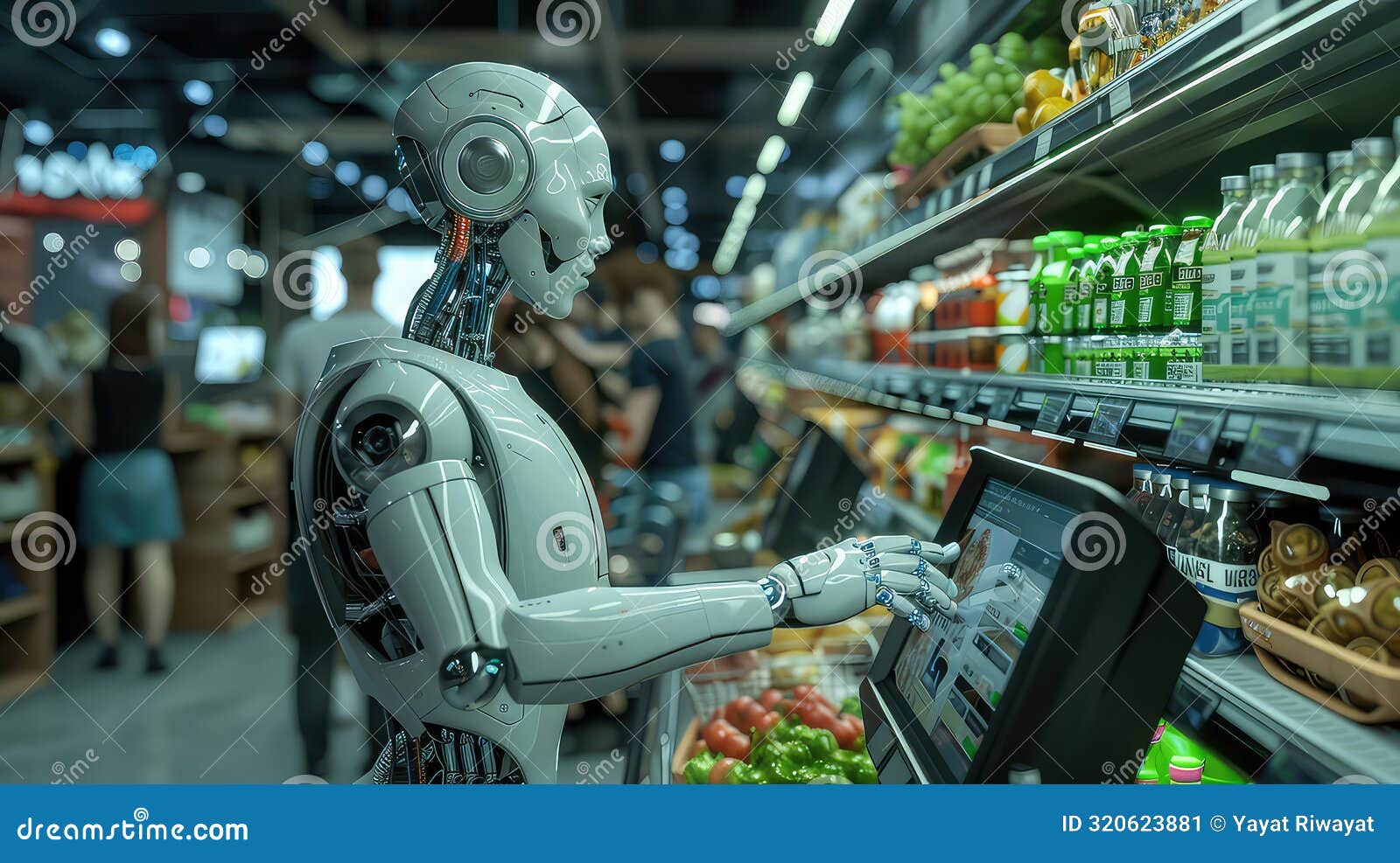 Robot Shopping in a Grocery Store, Using Touchscreen. Generated with AI ...