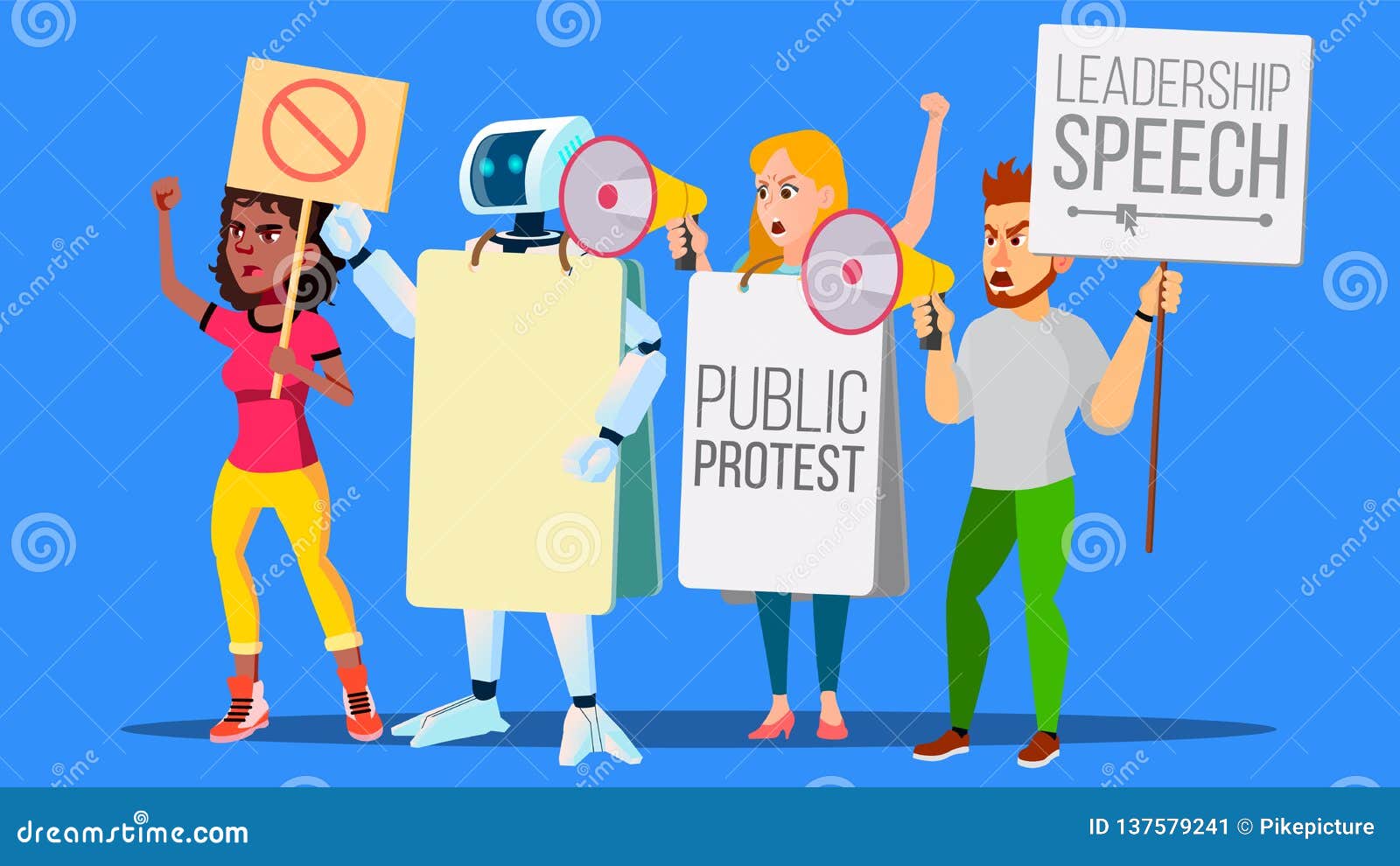 Robot Shouts through Megaphone with People on Strike Vector. Isolated ...