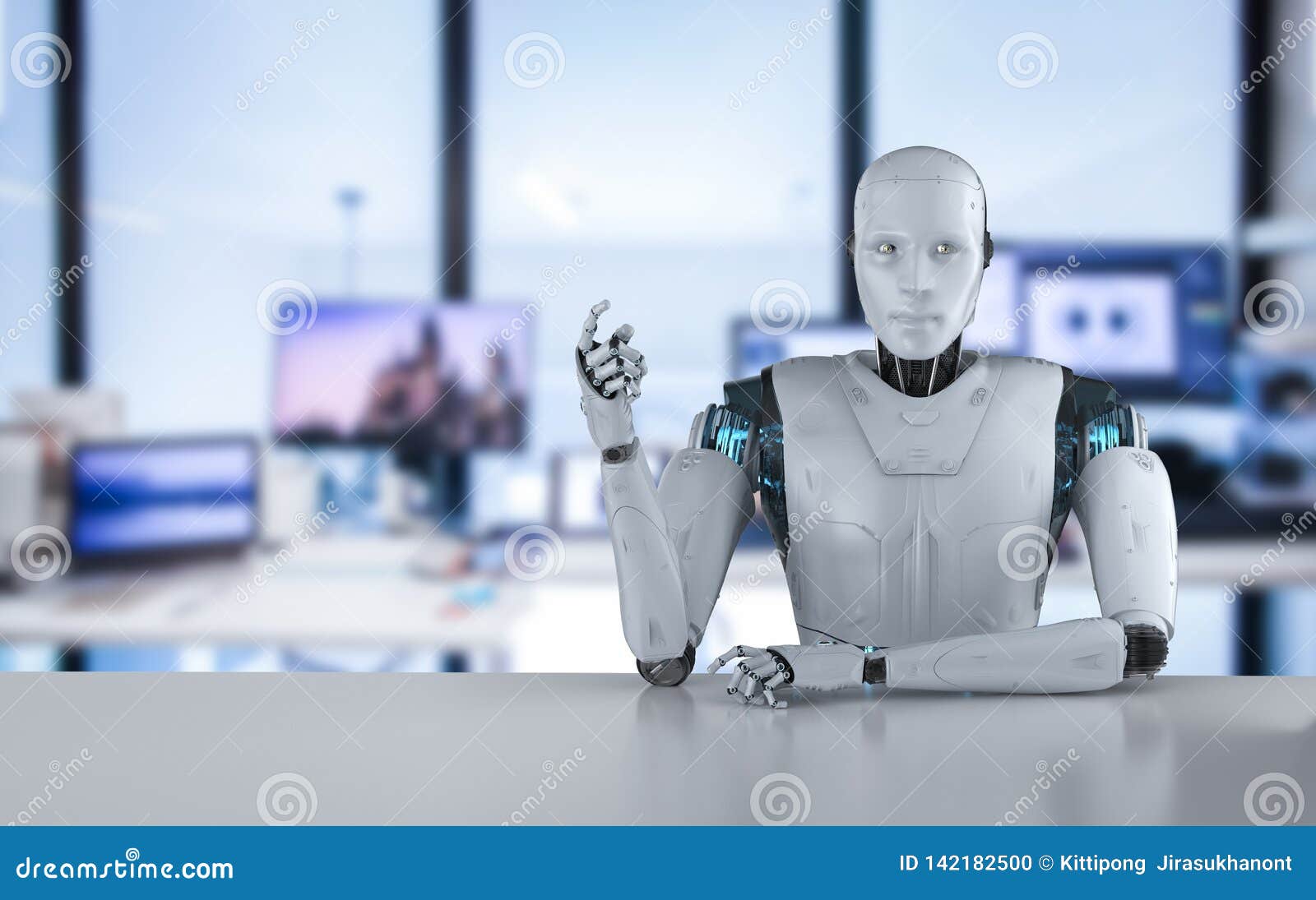Robot sit behind table stock illustration. Illustration of automatic ...