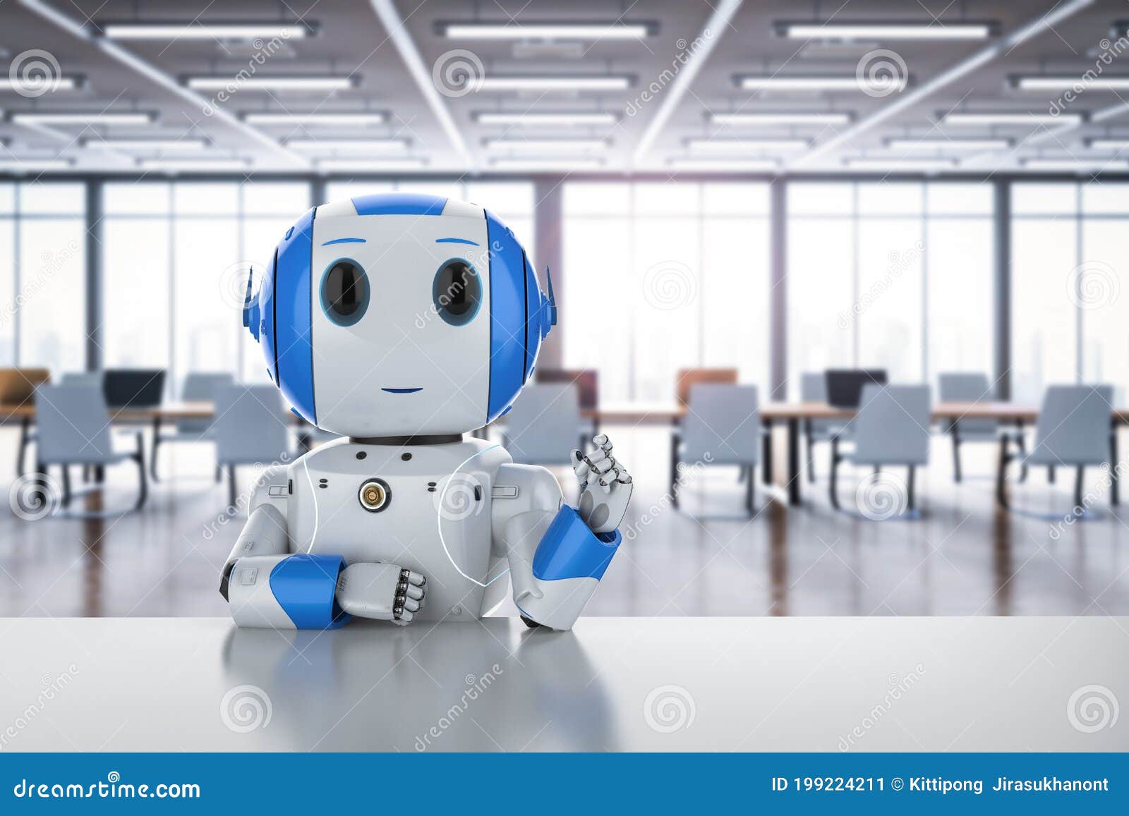Robot sit on desk stock illustration. Illustration of cyborg - 199224211