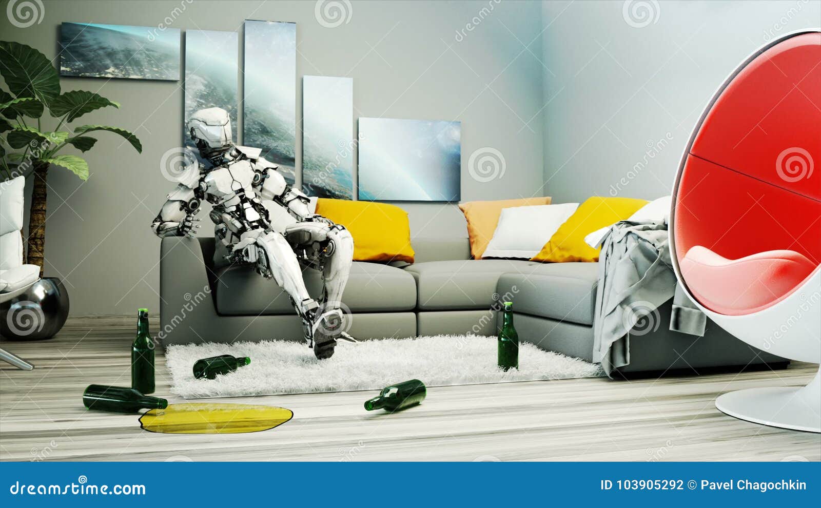 Robot Sit on Sofa. Relax. Concept of Future. Realistic 4K Animation ...
