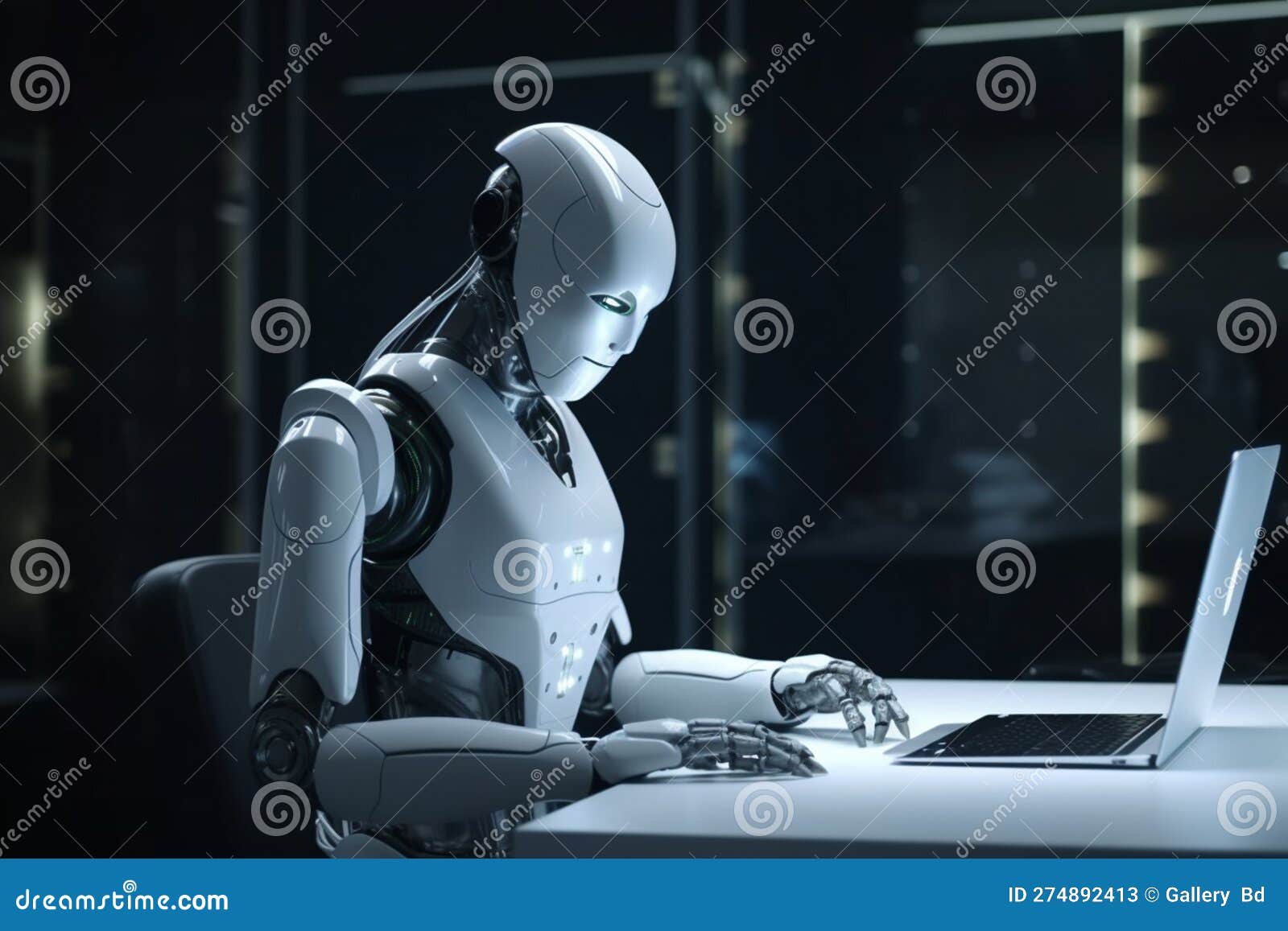 A Robot Sits at a Desk with a Computer Screen Desk in an Office Room ...