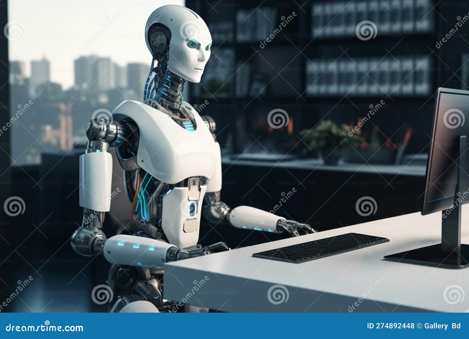 A Robot Sits at a Desk with a Computer Screen Desk in an Office Room ...