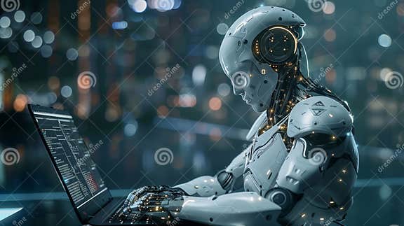 A Robot Sits in Front of a Laptop Computer, Programming and Coding To ...