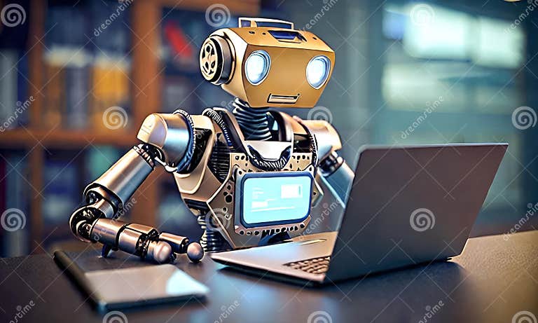 Robot Sits at a Table with Laptops in a Library .Working Robot on the ...