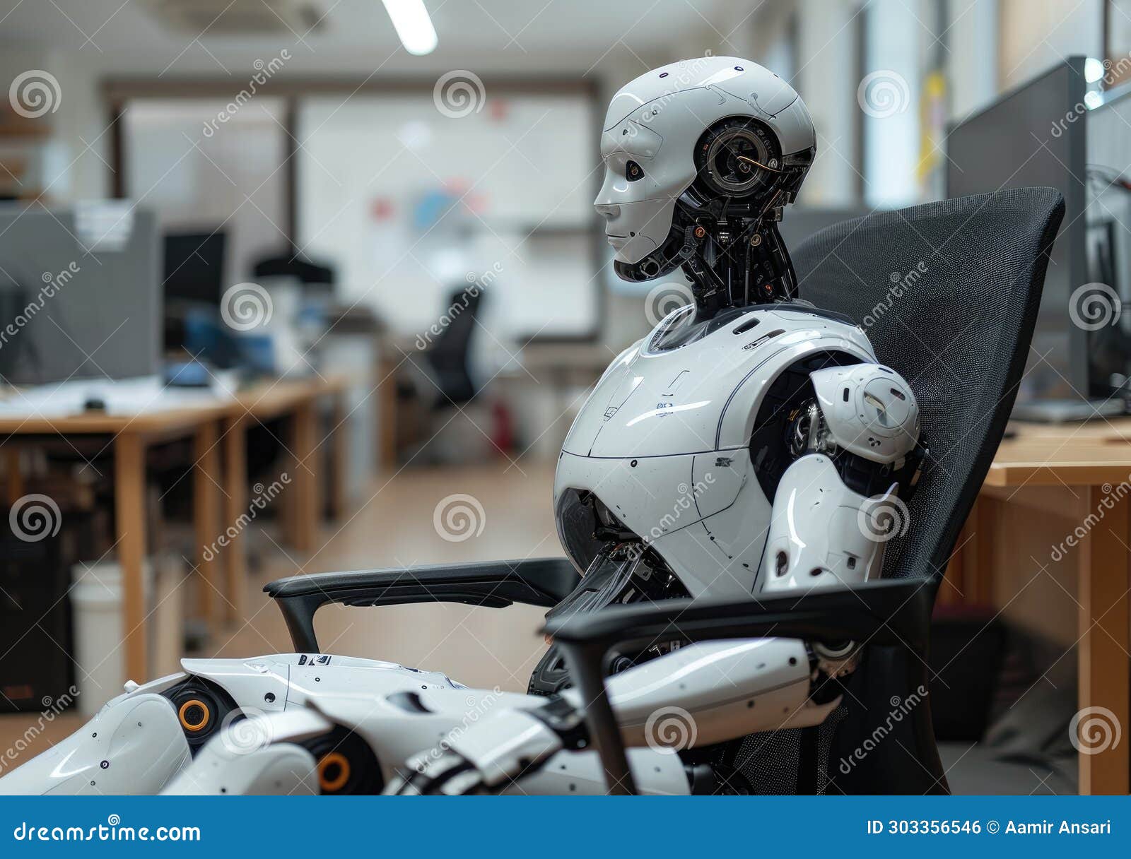 Robot Sitting on Chair in Office Stock Illustration - Illustration of ...