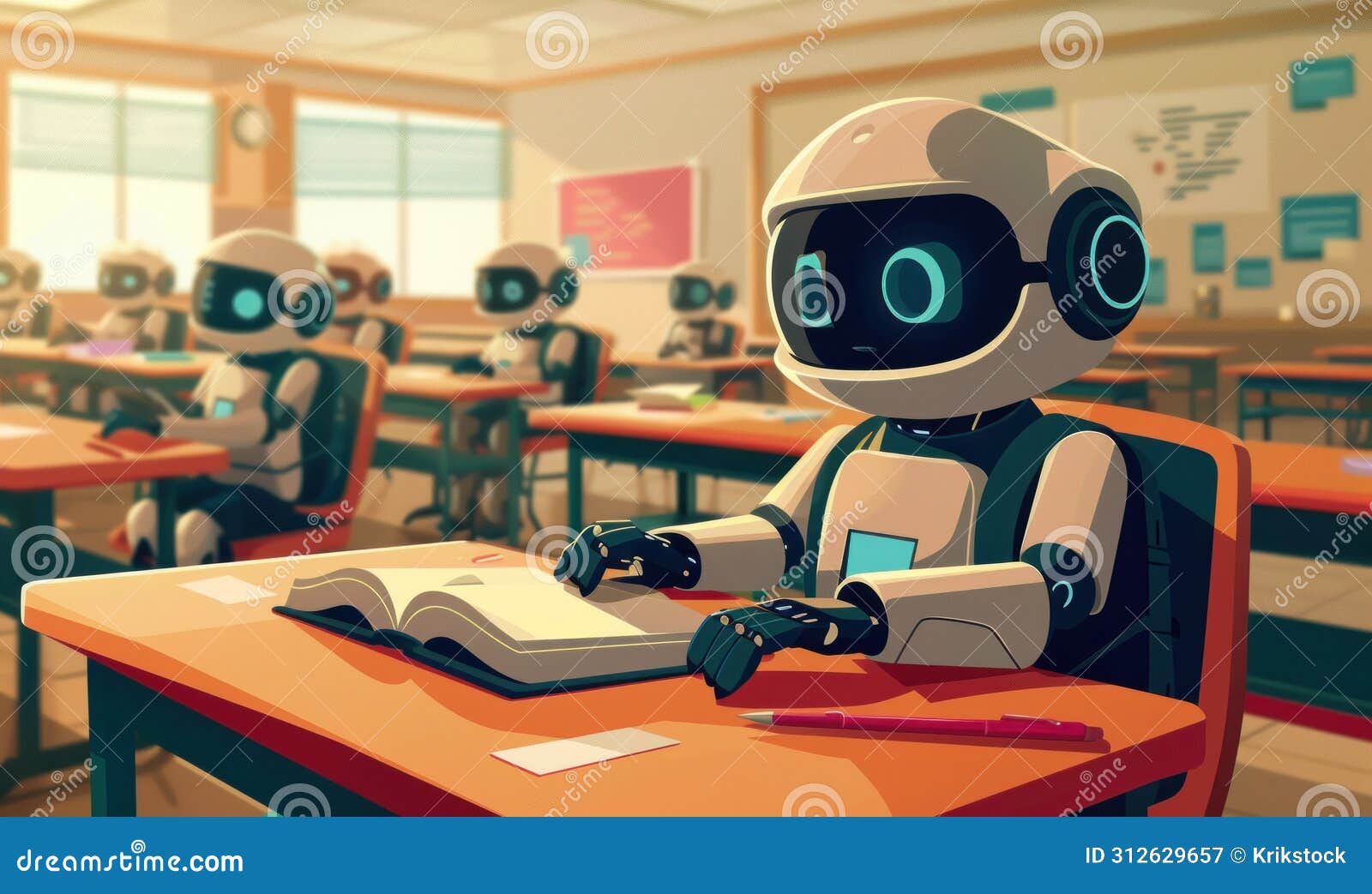 Robot Sitting at the Desk in the Classroom with Blackboard in the ...