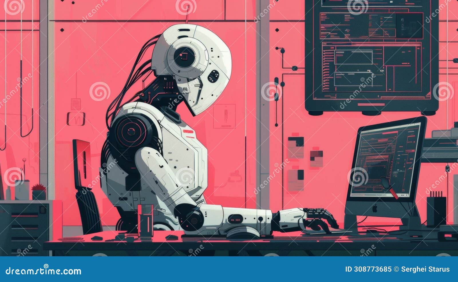 A Robot Sitting at a Desk with Computer Monitor and Keyboard, AI Stock ...