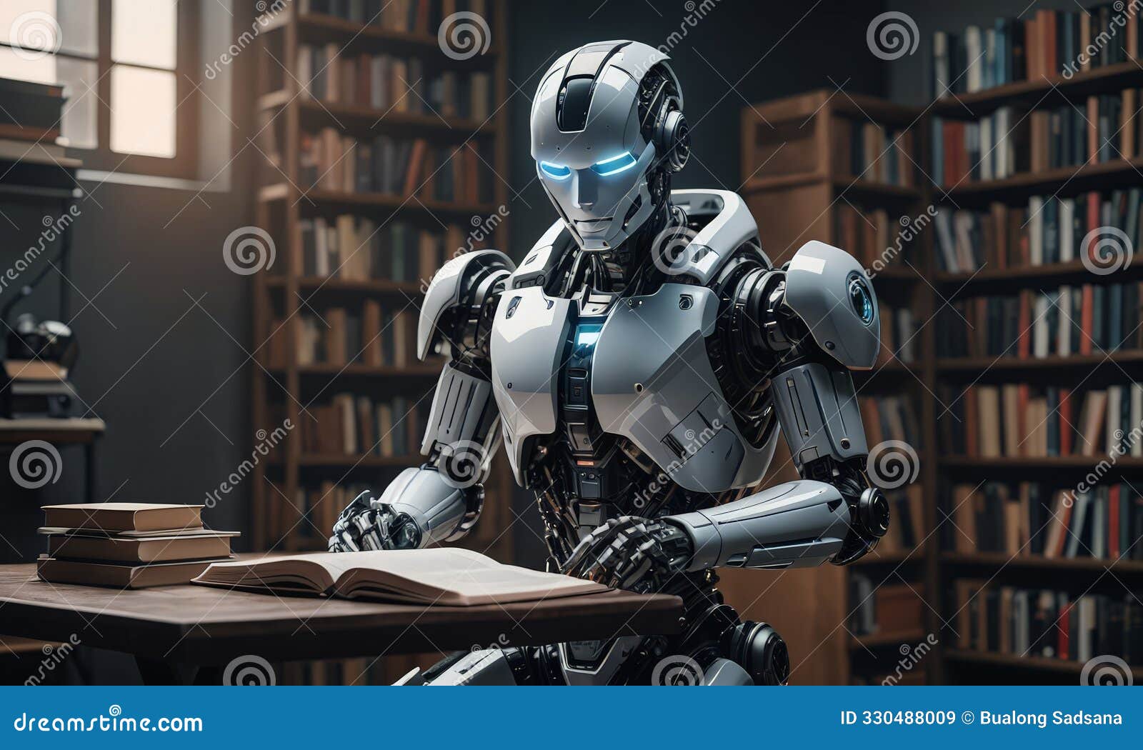 Robot Sitting at Desk in Front Bookcase Stock Illustration ...