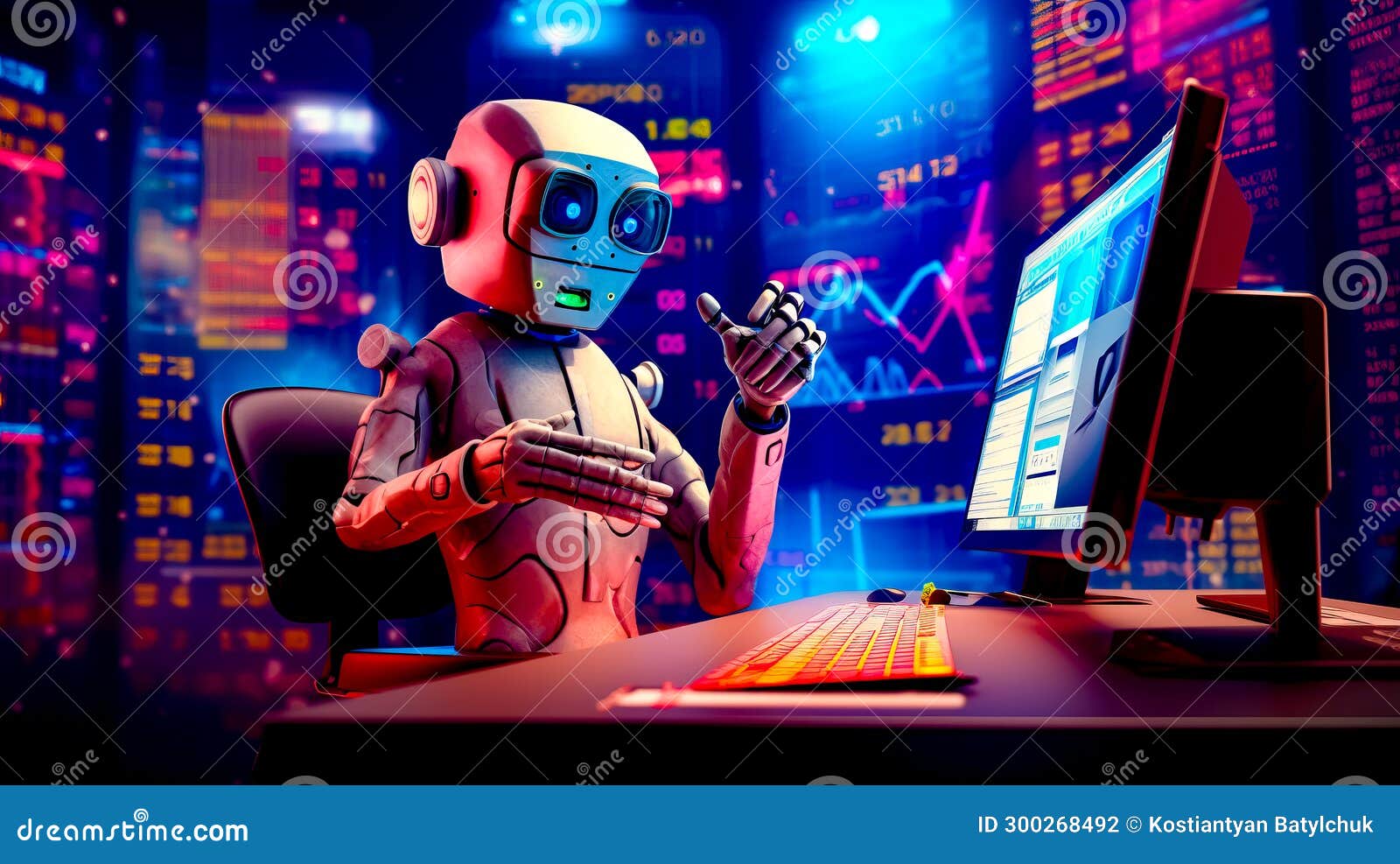 Robot Sitting at Desk in Front of Computer Monitor and Keyboard. Generative AI Stock ...