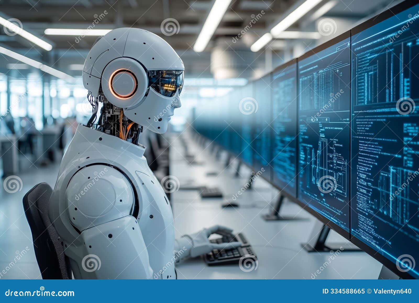 A Robot Sitting at a Desk in Front of a Computer Monitor Stock Image - Image of front, room ...