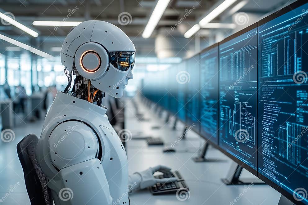 A Robot Sitting at a Desk in Front of a Computer Monitor Stock Image ...