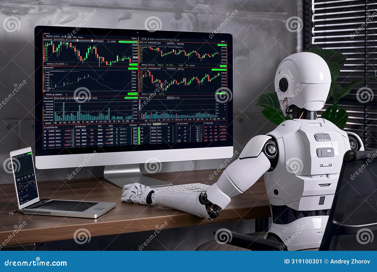 A Robot is Sitting at a Desk in Front of a Computer Screen, Engaged in ...
