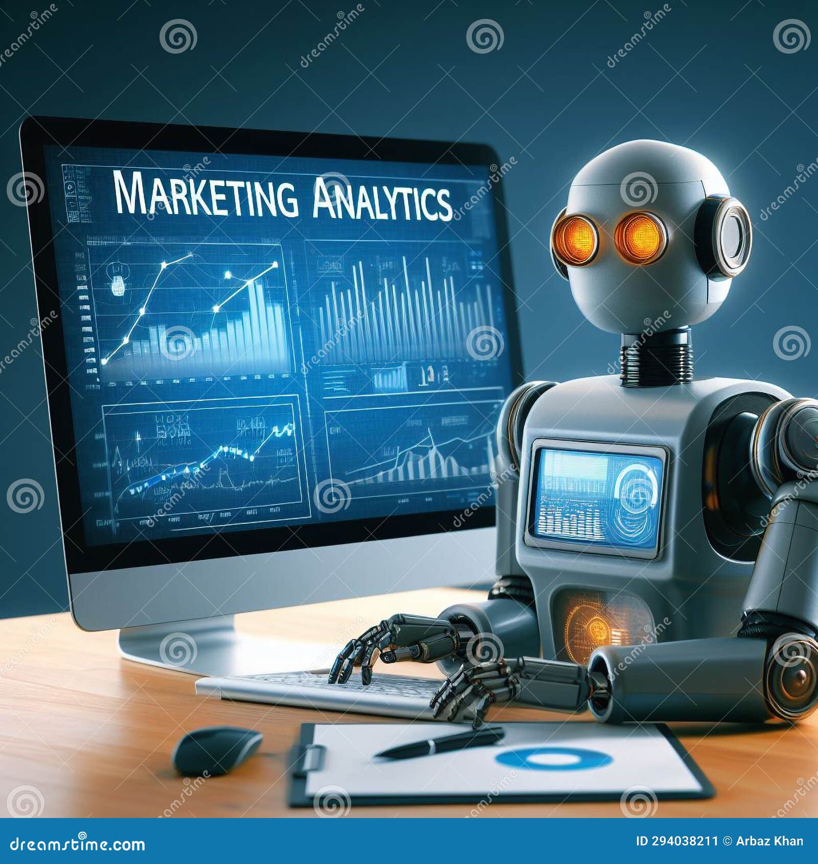 A Robot Analyzing Marketing Data on a Computer Screen with the Words ...