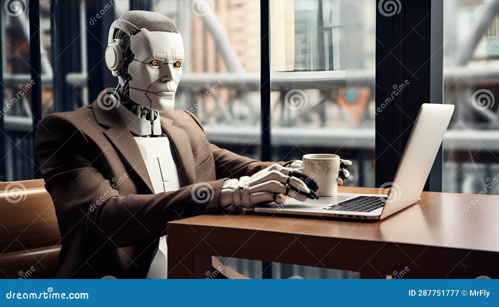 Robot Sitting at the Desk with a Laptop, Artifficial Intelligence ... Robot Sitting at the Desk with a Laptop, Artifficial Intelligence ...