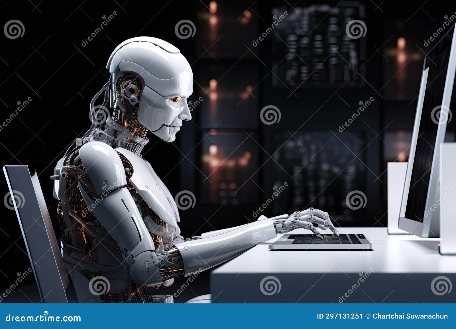 Robot Sitting at Desk with Laptop Computer in Front of Him. by ...
