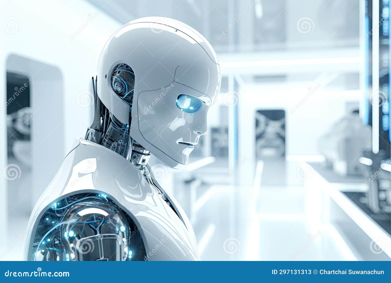 Robot Sitting at Desk with Laptop Computer in Front of Him. by ...