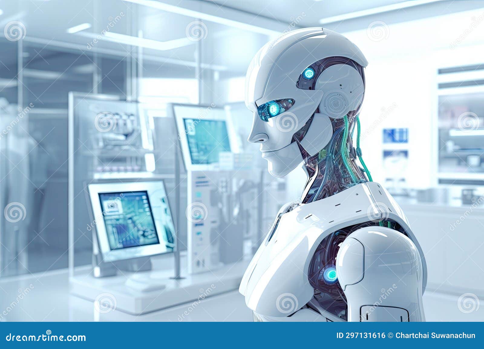 Robot Sitting at Desk with Laptop Computer in Front of Him. by ...