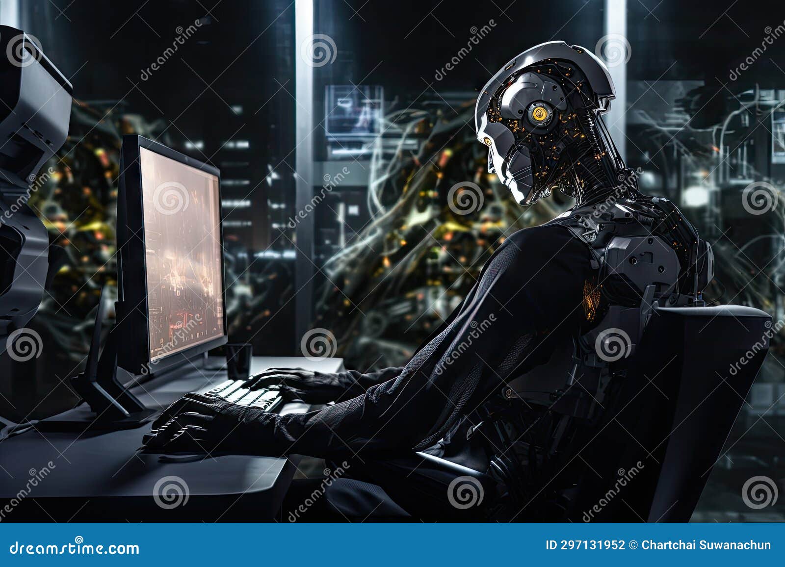 Robot Sitting at Desk with Laptop Computer in Front of Him. by ... Robot Sitting at Desk with Laptop Computer in Front of Him. by ...